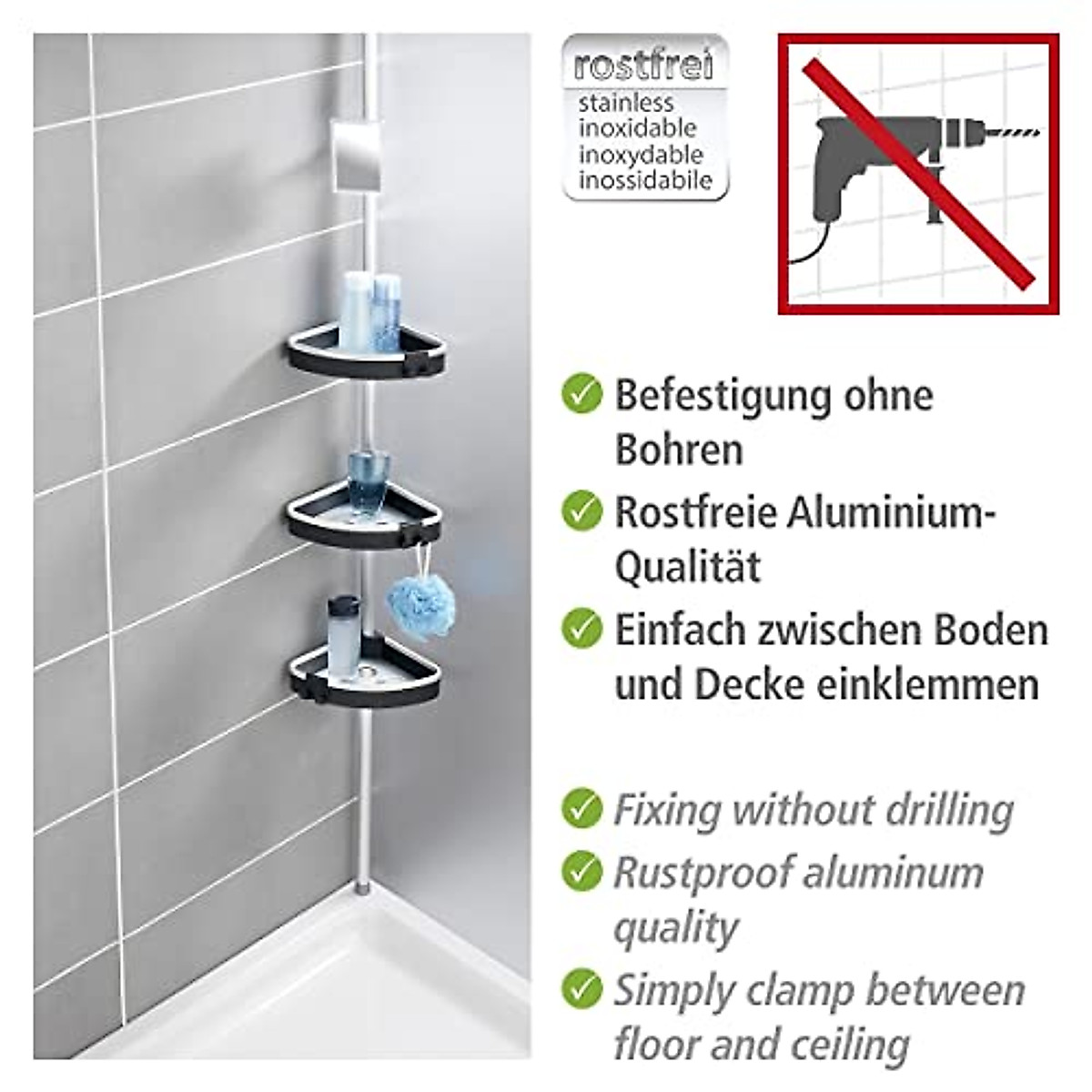 WENKO Tension Corner Shower Caddy 3 Pole and Baskets für Shampoo, Conditioner, Soap with Hooks for Razors, Towels, Blue