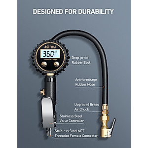 AstroAI Digital Tire Pressure Gauge with Inflator(3-250 PSI 0.1 for Display Resolution), Heavy Duty Air Chuck and Compressor Accessories with Rubber Hose and Quick Connect Coupler, White