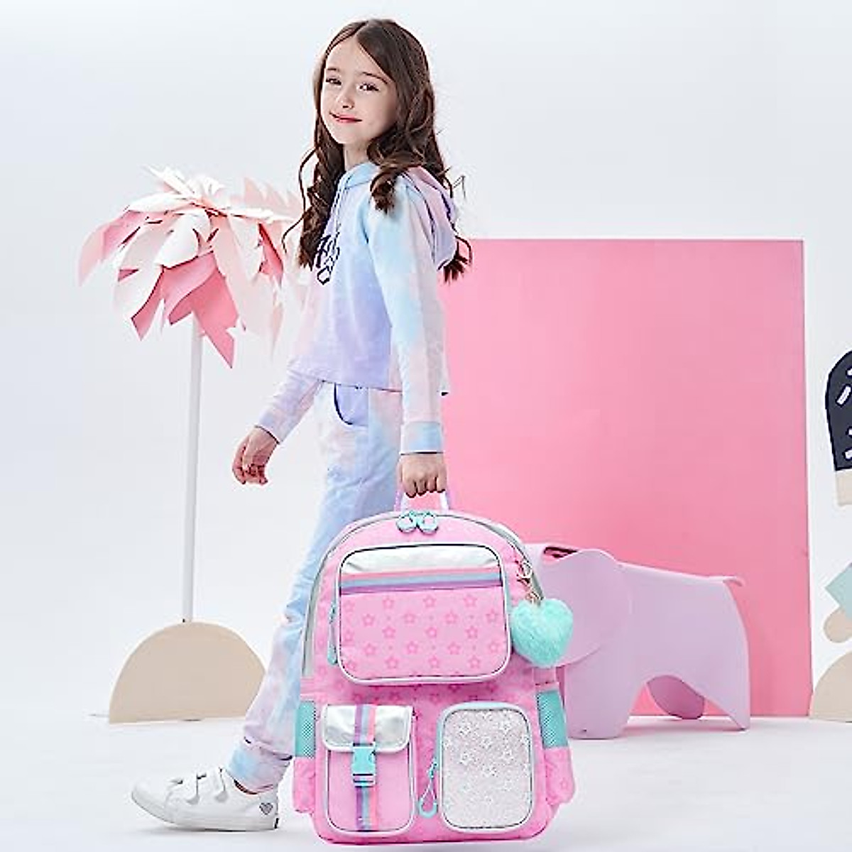 Meetbelify Pink Backpack for Girls School Backpack Aesthetic Backpack for Elementary Student Teen Girls Cute School Bag Kids Kawaii Bookbag for Girls 8-10