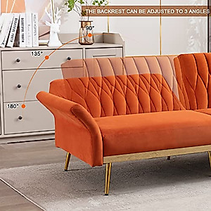 TTGIEET 70" W Velvet Convertible Futon Sofa Bed, Mid Century Modern Decor, Tufted Loveseat Couch Sleeper Futon Sofa with Adjustable Armrests& Golden Metal Legs for Home Living Room Bedroom (Orange)