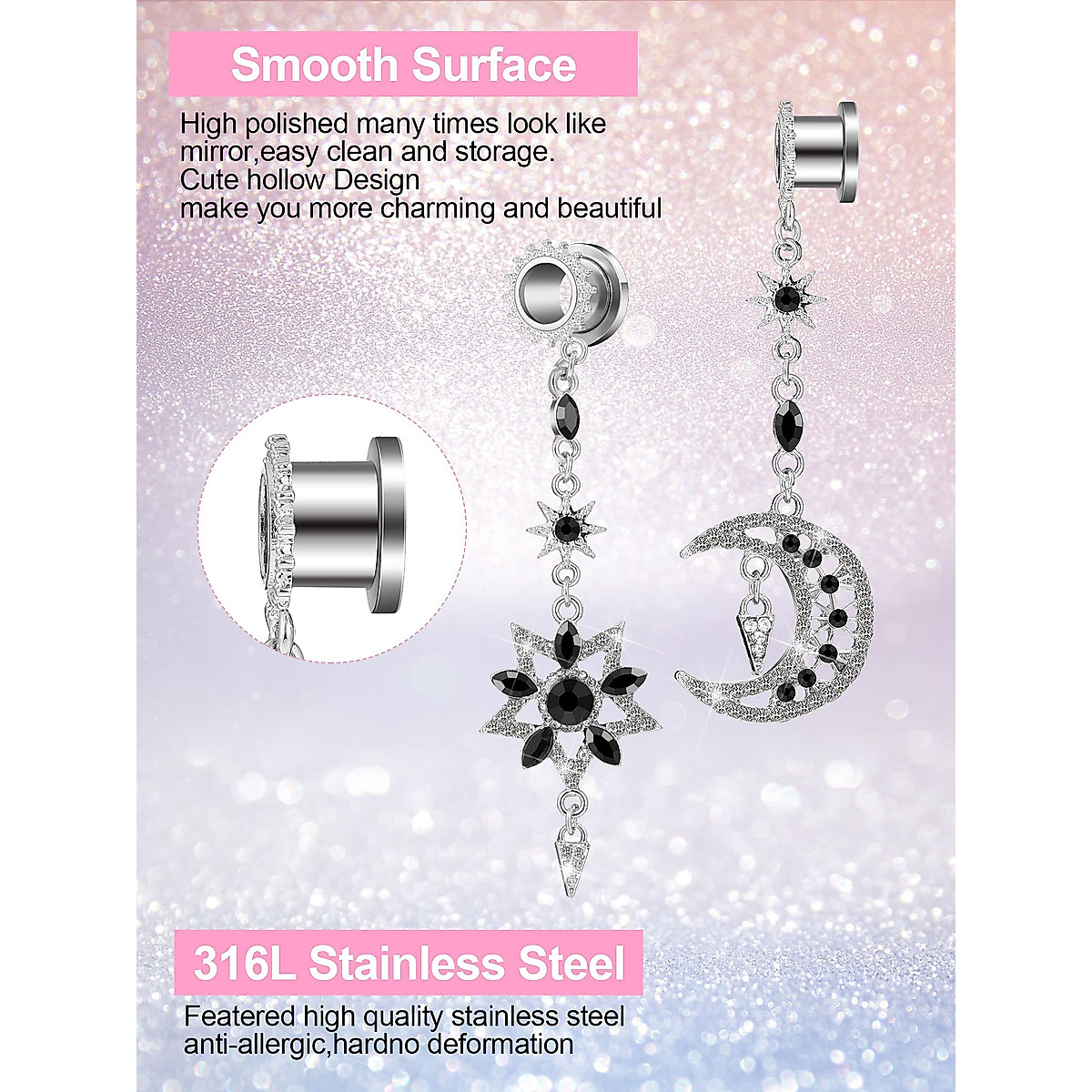 Loviflower 4 Pairs 10 mm Gauges Dangle Chain Tunnels Leaf Moon Star Dangle Ear Tunnel Plugs