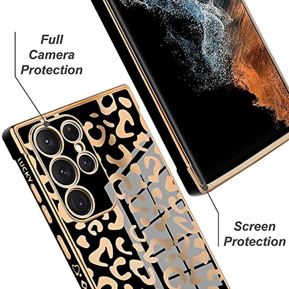 Fiyart Designed for Samsung Galaxy S22 Ultra Case Cheetah Print Design for Women Girls Soft TPU Plating Full Camera Lens Protection Leopard Print Phone Cover Bumper for S22 Ultra 6.8"-Black