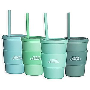 Grow Forward Kids Bamboo Cups - Kids Cups with Straws and Lids - Eco Friendly BPA Free - Dishwasher Safe - Straw Cups for Kids with Silicone Lids and Sleeves - Drinking, Smoothies - Rainforest