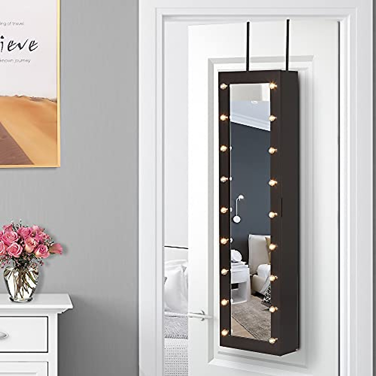 HOMCOM Jewelry Armoire with Mirror and 18 LED Lights, Wall-Mounted/Over-The-Door Cabinet with 3 Mountable Heights, Dark Walnut