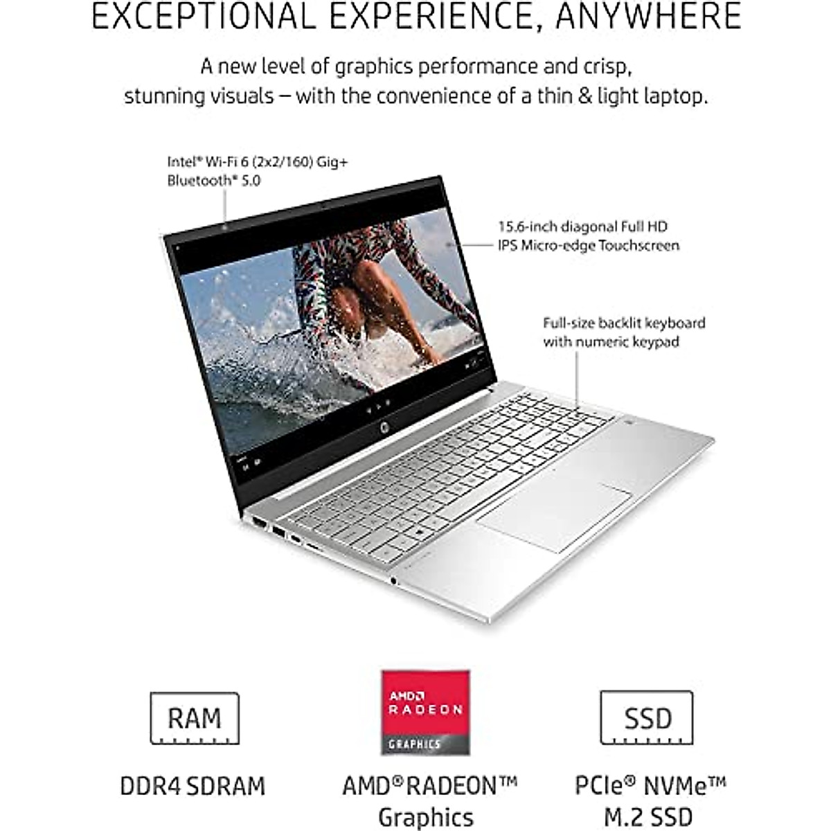 HP Pavilion 15 Laptop, 15.6" FHD Touchscreen, AMD Ryzen 5 5500U Processor, 32GB RAM, 1TB SSD, Backlit Keyboard, WiFi 6, Fingerprint Reader, B&O Audio, Webcam, Windows 11 Home, Silver