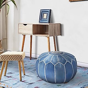 Genuine Leather Moroccan Ottoman Unstuffed Moroccan Pouf Footresf Livin Room Cocktail Seats Goatskin Tribal Bohemian Home Decor (Rustic Blue)