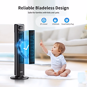 Grelife 36" Cooling Tower Fan, Bladeless Standing Fan with 80° Oscillation, Touch Screen & Remote Control - Ideal for Home Office Bedroom