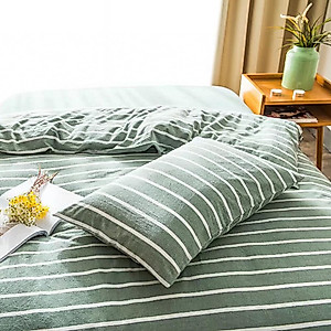 NSNLGSGC Sage Green Striped 100% Washed Cotton Duvet Cover Set Twin - Linen Feel Bedding Set,Durable & Breathable Comforter Cover Set(2PCS, Twin)