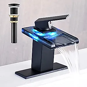AVSIILE LED Bathroom Sink Faucet, Matte Black Waterfall Single Hole Handle RV Bath Vanity Faucets for Sinks 1 Hole with Metal Pop Up Drain and 2 Water Supply Lines, Open Glass Spout