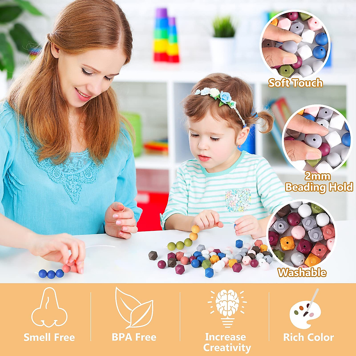 Silicone Beads, 150pcs Silicone Beads Bulk Round Bead 15mm Hexagon Silicone Beads 14mm for Jewelry Making Large Beads with Lanyard & Key Chain Ring for Keychain Making (15MM Macaron)