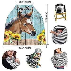 Funny Horse Baby Car Seat Covers, Nursing Cover Breastfeeding Scarf/Shawl, Infant Carseat Canopy, Stretchy Soft Breathable Multi-use Cover Ups, Farm Animals with Sunflower on Retro Wooden