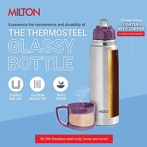 Milton Thermos for Hot Drinks 1000 ml (34 oz), 24 Hours Hot and Cold, Stainless Steel Water Bottle, Double Walled Vacuum Insulated Flask for Hot Coffee, Thermosteel, Leak Proof, Glassy, Purple