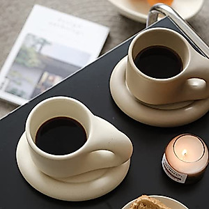 WENSHUO Chubby Funny Coffee Mug, Novelty Cute Cup and Saucer, Matte Crème, 9 oz (Matte Crème)