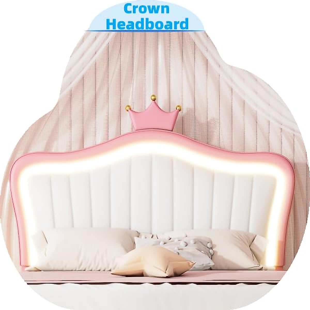 Linique Full Size Upholstered Bed Frame with LED Lights, Modern Upholstered Princess Bed with Crown Headboard, White+Pink