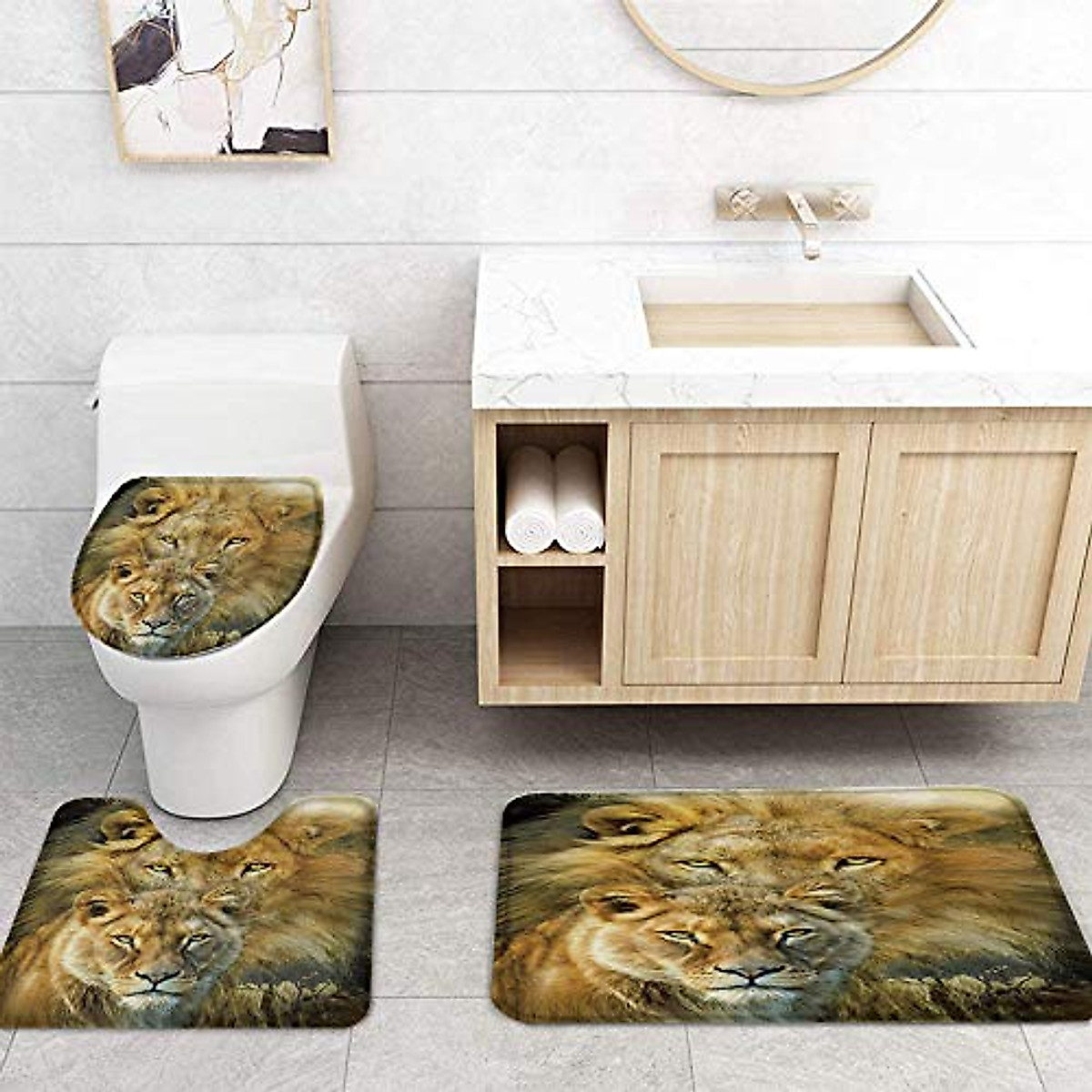 BULING 4Pcs Shower Curtain Set with Rugs,Mighty Lion Father and Son Shower Curtain with 9 Hooks, Bath Mat, Toilet Lid Rug and Non-Slip U Shape Mat Accessories