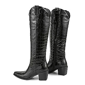 Pasuot Knee High Boots for Women - Black Wide Calf Crocodile Print Cowboy Boots with Side Zipper, Pointed Toe Chunky Low Heel Retro Fashion Tall Cowgirl Boot Pull On for Ladies Fall Winter US 6