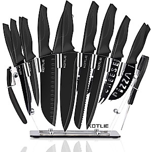 Kitchen Knife Set, KOTLIE 19-Pieces Dishwasher Safe Knife Set with Acrylic Stand, High Carbon Stainless Steel Chef Knife Set with Scissors, 6x Serrated Steak Knives, Peeler and Knife Sharpener