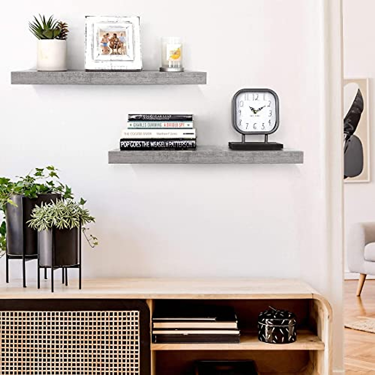 Under.Stated Floating Wall Shelves, 24” Hanging Shelf Set for Living Room, Office, Kitchen, Bathroom &, Perfect Home Room Wall Decor, Rustic Pattern Designed – (Rustic Whitewash Grey 24")