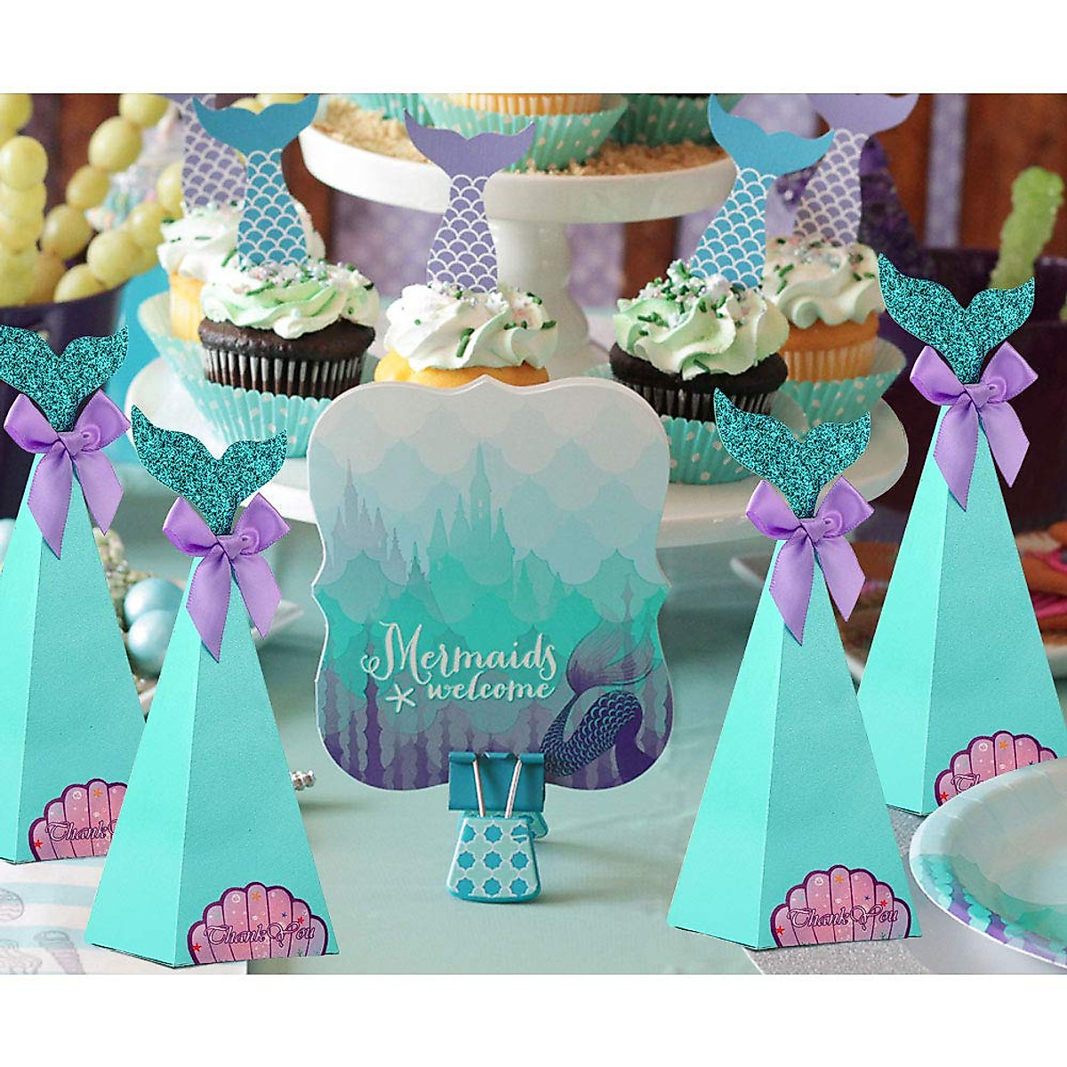 OurWarm PartyTalk 50pcs Mermaid Party Boxes Favors Mermaid Gift Bags with Thank You Stickers for Kids Birthday Baby Shower Under The Sea Mermaid Party Decorations and Supplies