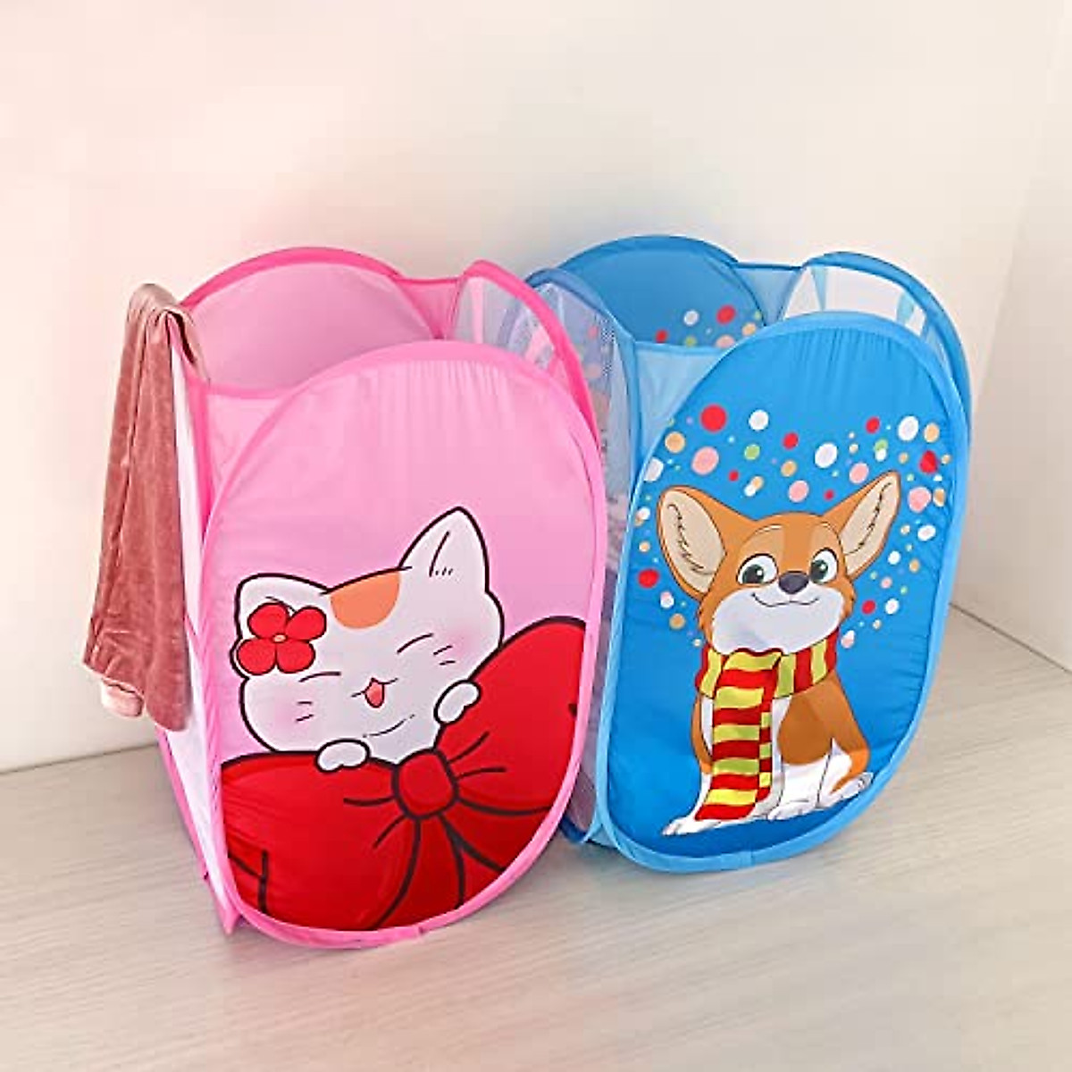WEI LONG Mesh Popup Hamper-Foldable Lightweight Basket for Washing-Durable Clothing Storage for Kids Room,Students College Dorm,Home,Travel & Camping-Pop-up Clothes Hamper (Pink Kitty Cat)