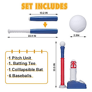EagleStone 2 in 1 T Ball Set for Kids 3-5, Tee Ball Set for Toddlers with Step on Pitching Machine, Adjustable Batting Tee, Tball Bat and 6 Balls, Outdoor Baseball Christmas Toy Gift for Boys & Girls