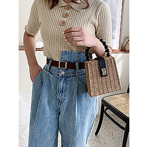 QZUnique Straw Bucket Bags for Women Top Handle Drawstring Woven Handbag Shoulder Bag Summer Beach Purses with Bamboo Handle