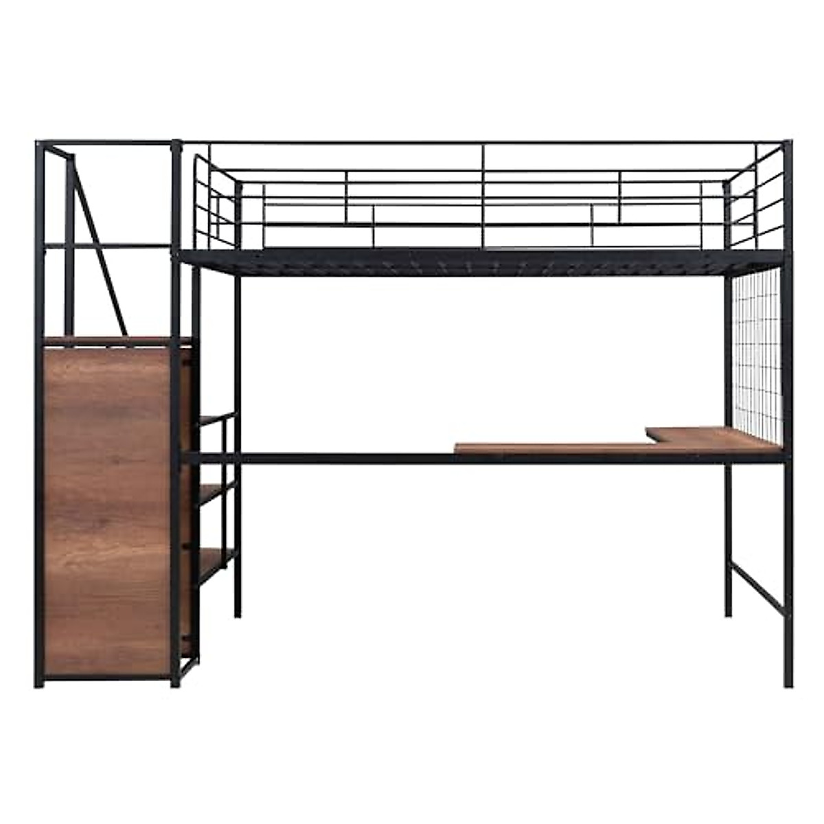 ATY Full Size Loft Bed with L-Shaped Desk and Wardrobe &Storage Shelves, Stairway Metal Bedframe w/Grid, Save Space Design, for Bedroom, Dorm, No Spring Need Required, Black