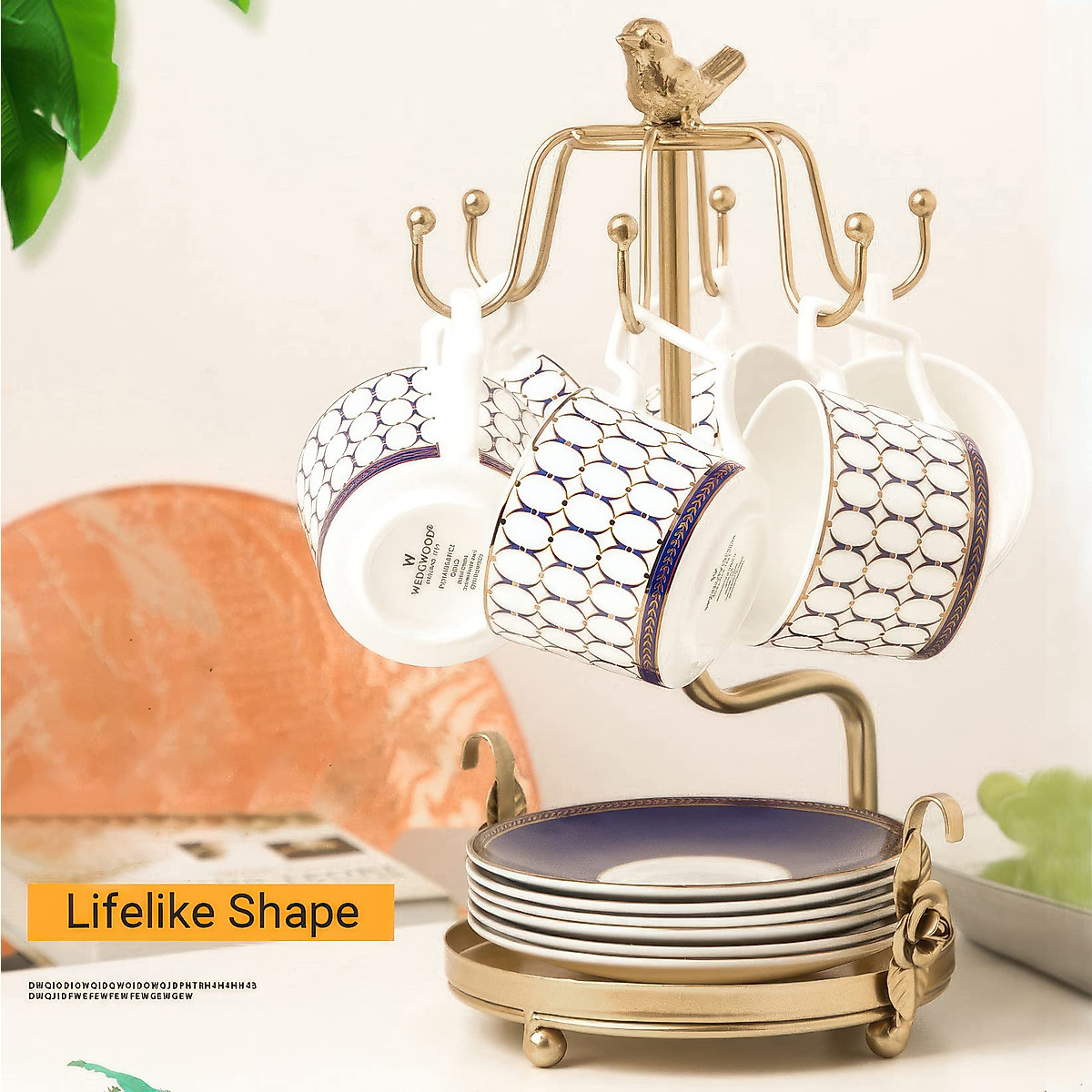 LWXPAIYY Coffee Mug Tree Holder,Tea Cup Storage Rack with Small Storage Area for Counter,Mug Holders Countertop for 6 TeaCups,Metal Coffee Mug Tree Stand Rack with 6 Hooks (Gold)