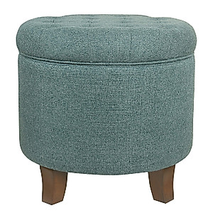HomePop by Kinfine Fabric Upholstered Round Storage Ottoman - Button Tufted Ottoman with Removable Lid, Teal Woven