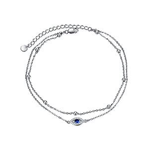 POPLYKE 925 Sterling Silver Evil Eye Anklets Double Layered chain for Women birthday gifts Summer Beach dainty Jewellery