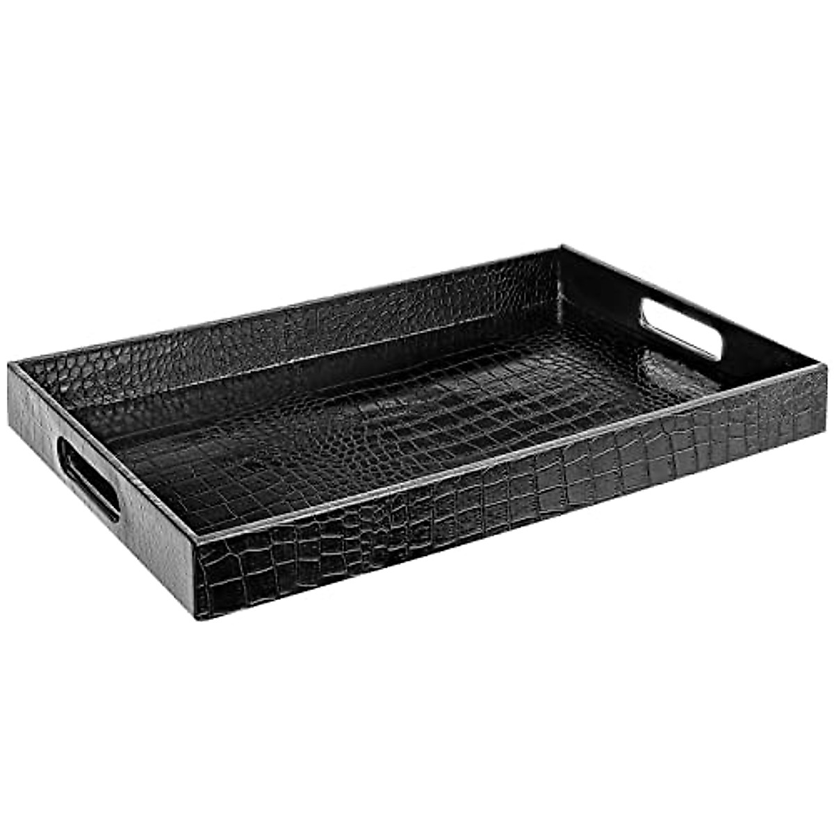 Home Redefined 18”x12” Rectangle Alligator Faux Leather Decorative Serving Tray with Handles, Black