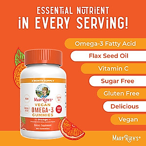 MaryRuth Organics Vegan Omega 3 Gummies for Adults | 2 Month Supply | Sugar Free Supplement with Vitamin C | Flaxseed Oil Immune Support | Overall Wellness | No Fish Taste | 60 Count