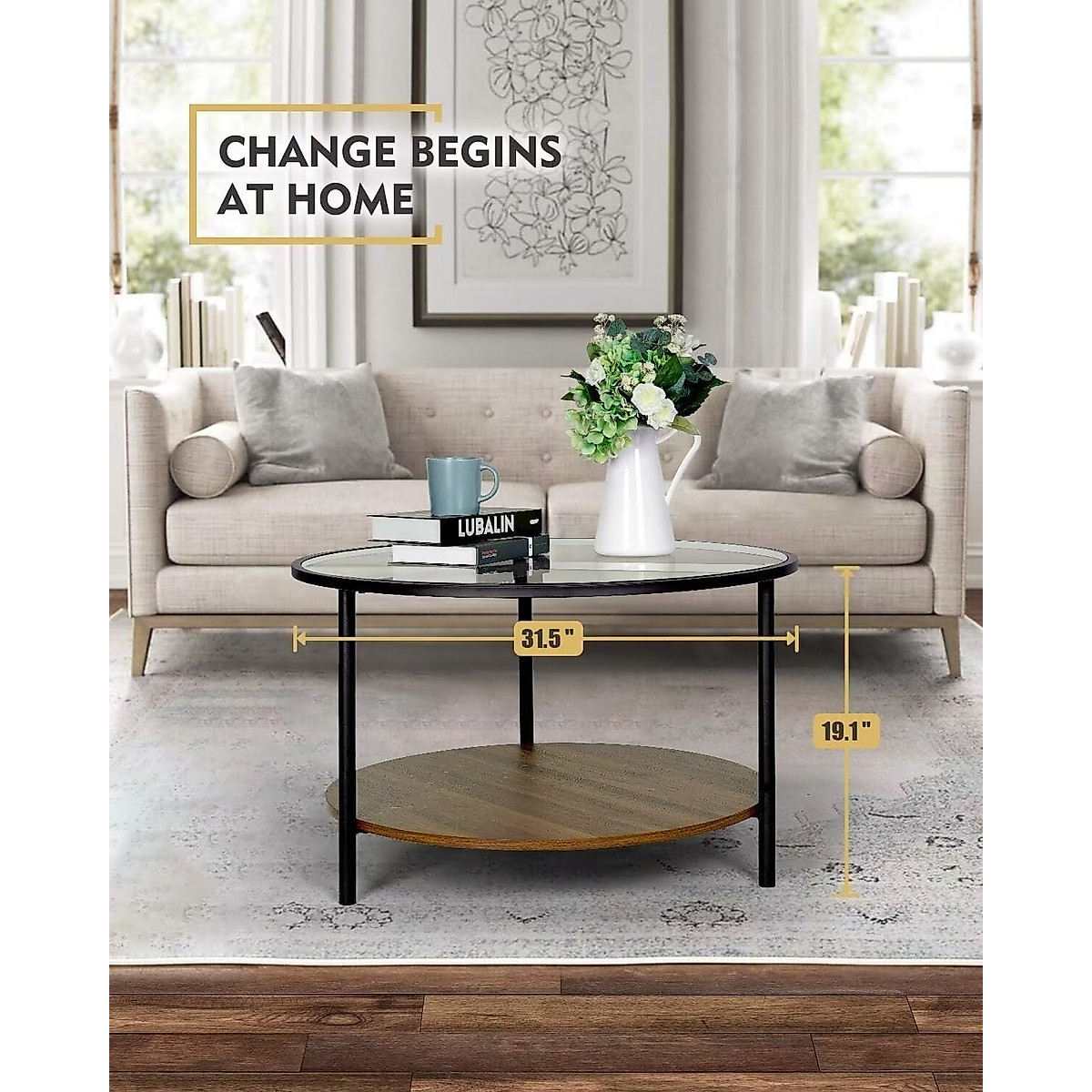 Moncot Round Coffee Table Small Coffee Table with Glass Top and Walnut Wood Shelf Modern Center Table with Metal Frame for Living Room