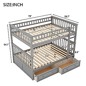 Harper & Bright Designs Full Over Full Wood Bunk Bed with Two Storage Drawers and Ladder, Convertible Storage Bunk Bed Can Be Divided Into Two Full Size Daybeds (Grey)