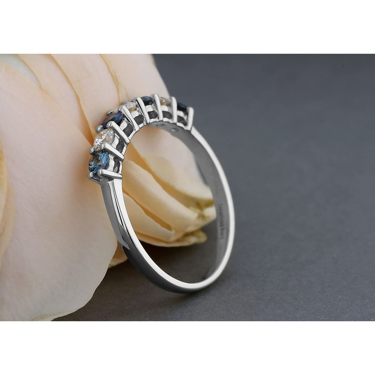 Dazzlingrock Collection 2.5mm Each Round Blue Sapphire & White Diamond 7 Stone Stackable Wedding Band for Women in 14K White Gold, Size 6.5