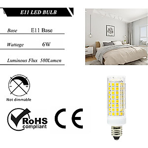 SumVibe E11 LED Bulb 6W, 50W 75W E11 Halogen Bulb Replacement, Daylight White 6000K, Not Dimmable JD T4 E11 Mini Candelabra Base LED, 4-Pack