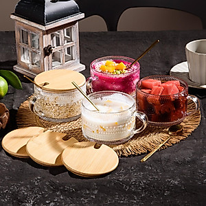 4pcs Set Vintage Coffee Mugs, Overnight Oats Containers with Bamboo Lids and Spoons - 14oz Clear Embossed Glass Cups, Cute Tea Coffee Bar Accessories, Suitable for Juice Beer Glasses, Cola Cups