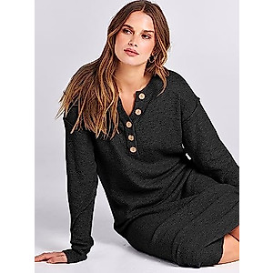 ANRABESS Women Sweater Maxi Dress Long Sleeve Button V Neck Oversized Casual Loose Waffle Knit Fall Long Midi Sweater Dress 2023 Trendy Outfits 1130heise-L Black