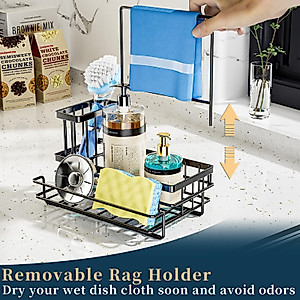 Consumest Sink Caddy Kitchen Sink Organizer, Sponge Holder for Kitchen Sink with Dish Brush +Dishcloth Holder, Stainless Steel Dish Soap Holder Countertop with Drain Tray for Sink Accessories, Black