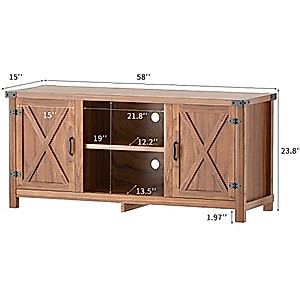 JUMMICO Modern TV Stand with Double Barn Doors Storage Cabinets for TVs to 65+ Inch, Farmhouse TV Entertainment Center 58 Inch TV Table for Living Room (Walnut, Without Fireplace)