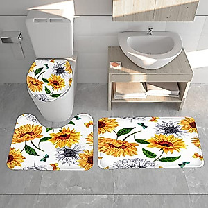Sunflower Shower Curtain Sets with Non-Slip Rugs,Toilet Lid Cover Carpet and Bath Mat,Flowers Shower Curtains with 12 Hooks,Durable Waterproof for Bathroom Decor