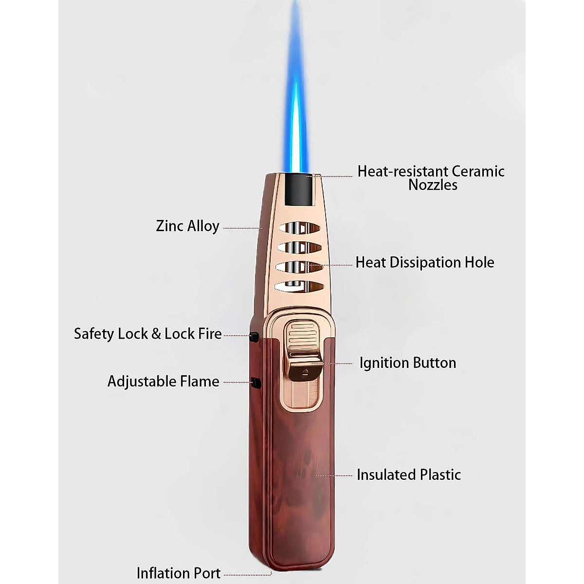 Butane Torch Lighter Refillable Windproof Cooking Lighters with Safety Lock and Adjustable Jet Flame for Candle Fireplace Kitchen Camping Grill Outdoor (Red Mahogany)