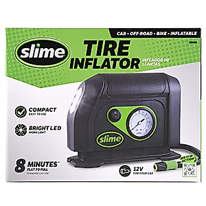 Slime 40050 Tire Inflator, Portable Car Air Compressor, with Analog 100 psi Dial Gauge, Long Hose and LED Light, 12V, 8 min Inflation