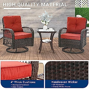 UDPATIO 3 Pieces Patio Furniture Set, Outdoor Swivel Gliders Rocker, Wicker Patio Bistro Set with Rattan Rocking Chair, Glass Top Side Table and Thickened Cushions for Porch Deck Backyard (Red)