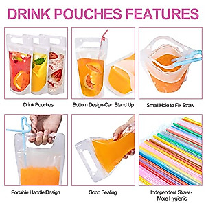 100 Pcs Drink Pouches for Adults, Reusable Drink Pouches with Straws Funnel, Hand-held Juice Pouches for Adults Smoothie Pouches for Birthday, Cool Summer Party