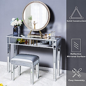 VINGLI Mirrored Vanity Stool with Storage, Faux Leather Ottoman, Makeup Dressing Table Bench, Silver