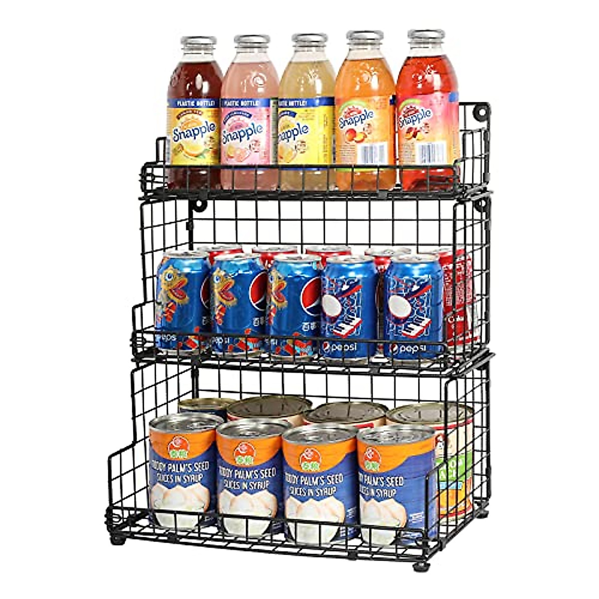 X-cosrack Stackable Wire Basket 3 Tier Countertop& Wall Mounted Metal Storage Basket for Kitchen Pantry Cabinet, Muti-functional Open Front Bin Organizer for Food Fruit Snack, Black