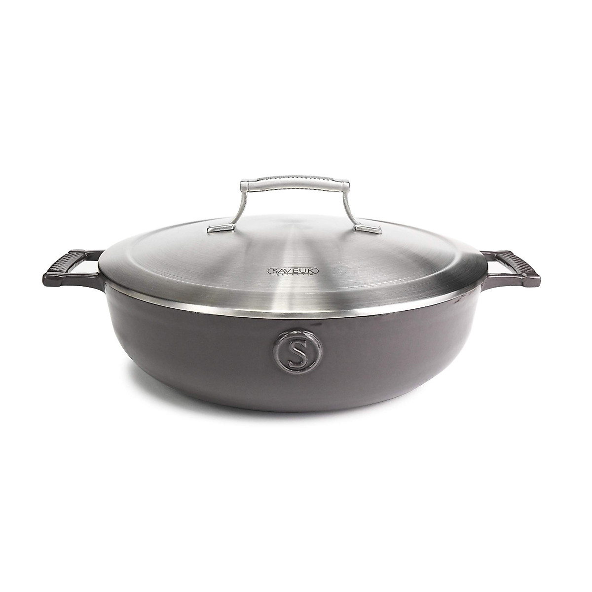 SAVEUR SELECTS Enameled Cast Iron 4-1/2-Quart Braiser with Stainless Steel Lid, Rabbit Grey, Voyage Series