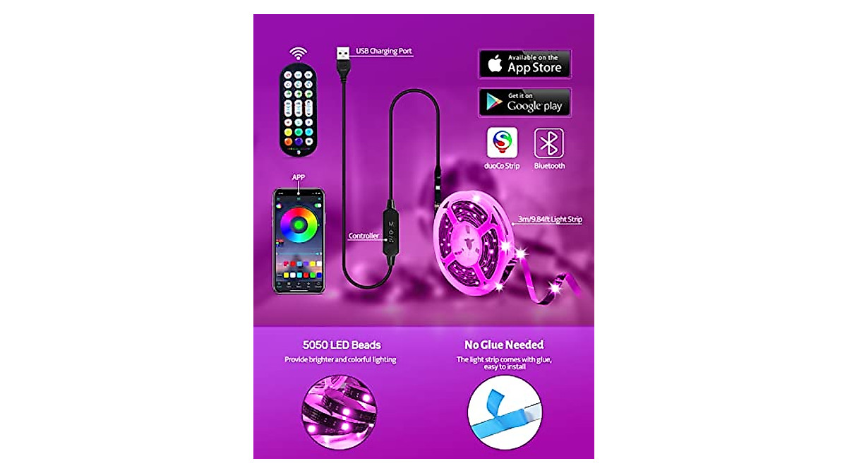 MATICOD 9.84ft RGB Strip Lights for TV - Bluetooth Control