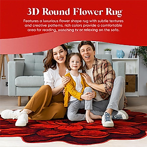 Flower Rug 2ft Round Area Rugs Cute Plush Flower Shaped Rug Circle Girly for Bedroom Floor Living Room Carpet 301 Red